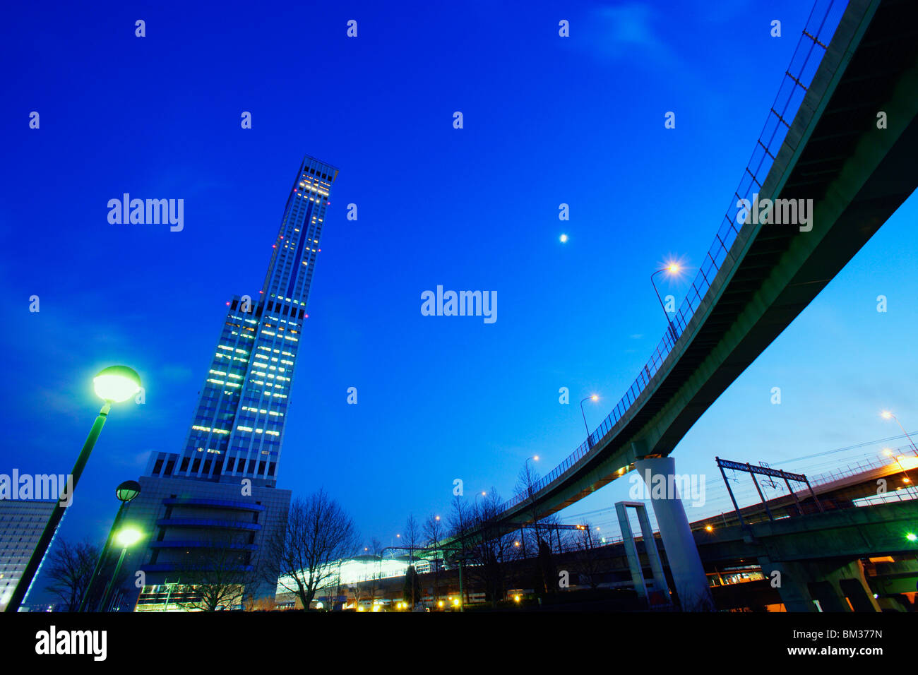 Office buildings and highway, fish-eye lens, long exposure Stock Photo ...