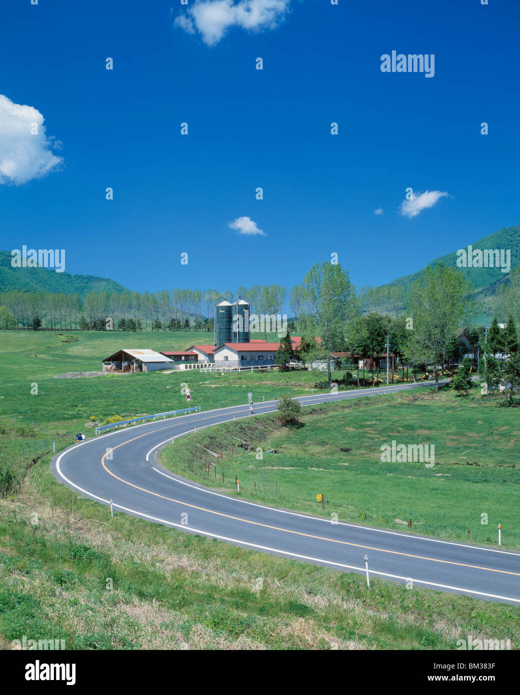 Curved road in Hiruzen Plateau, Maniwa city, Okayama prefecture, Japan ...