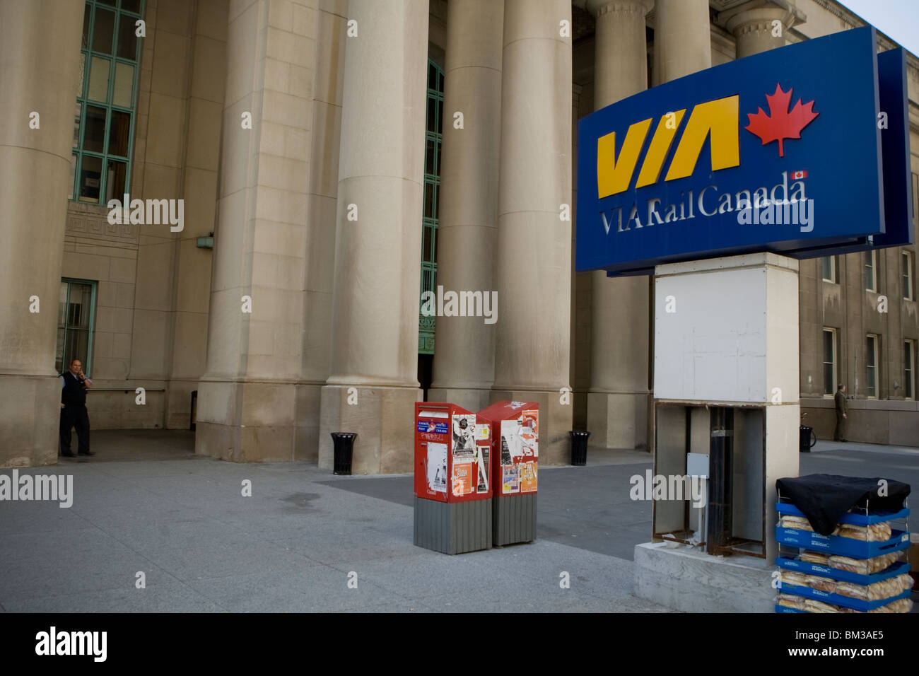 A VIA Rail Canada sign is pictured in front of Toronto Union Station ...