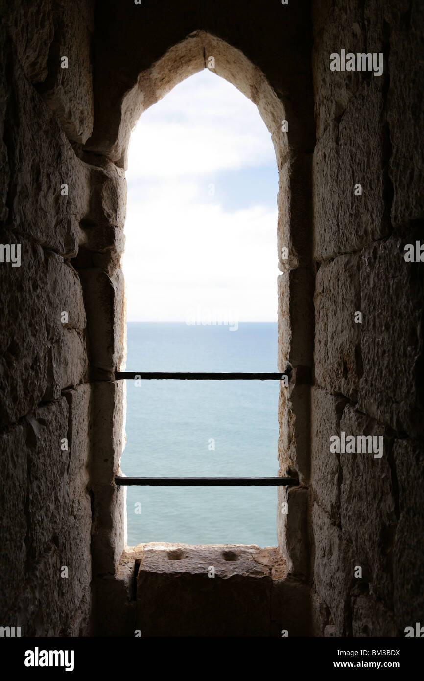 the sea seen through a castle window in Spain Stock Photo - Alamy