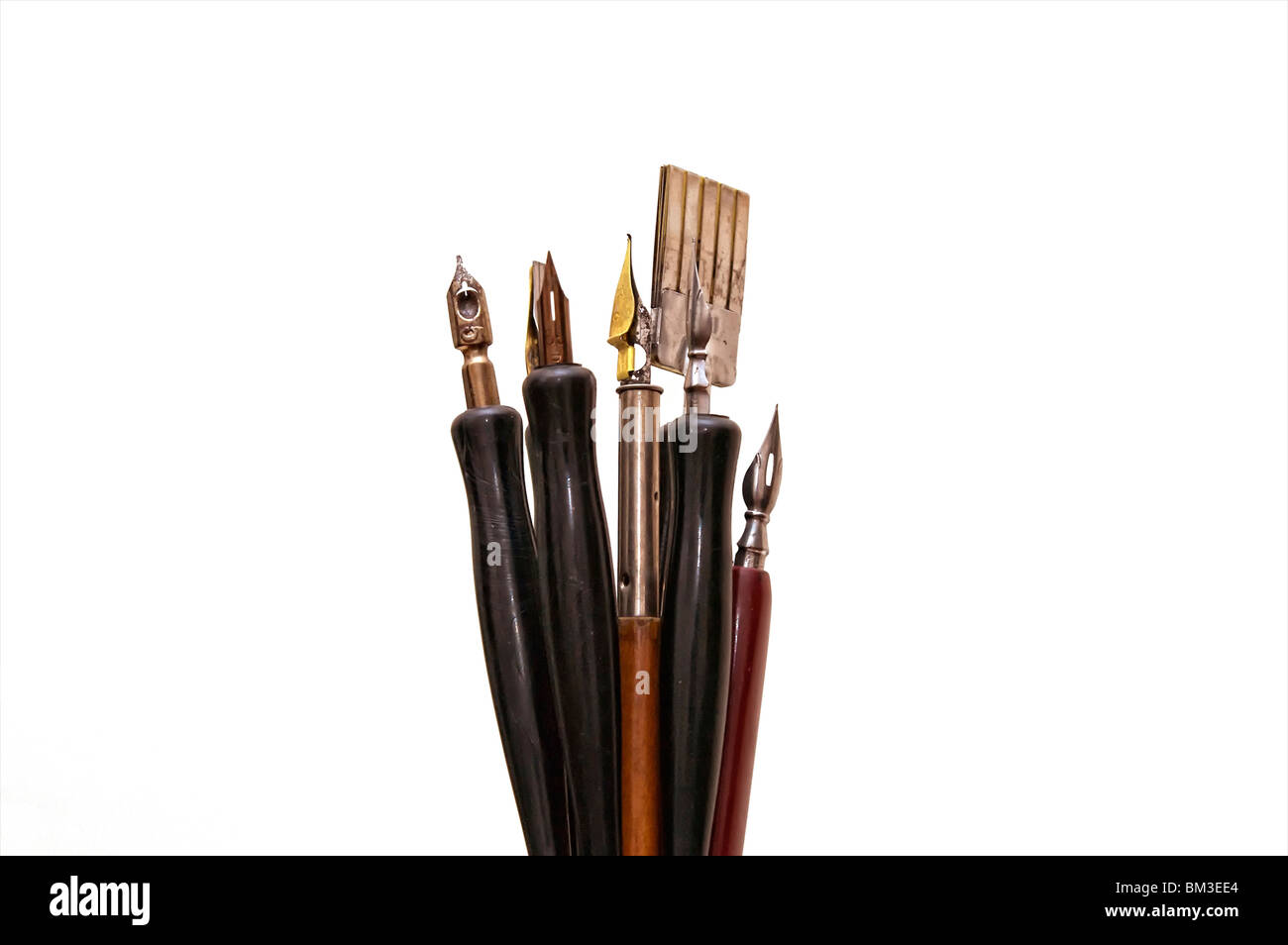 collection of drawing and writing pens against a white background Stock ...