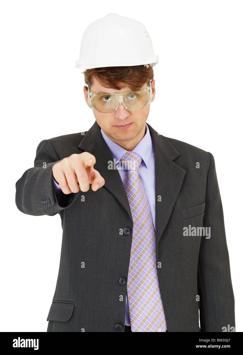 The expert in safety precautions strictly points a finger on white ...