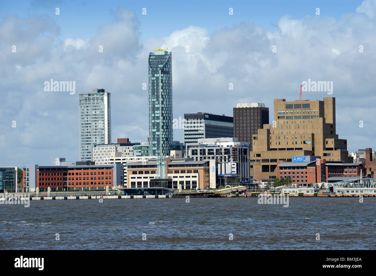 Panoramic view of modern architecture in Liverpool seen from across the ...