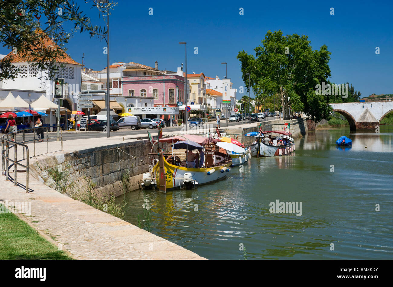 Portugal, The Algarve, Silves, The River Front With Excursion Boats ...