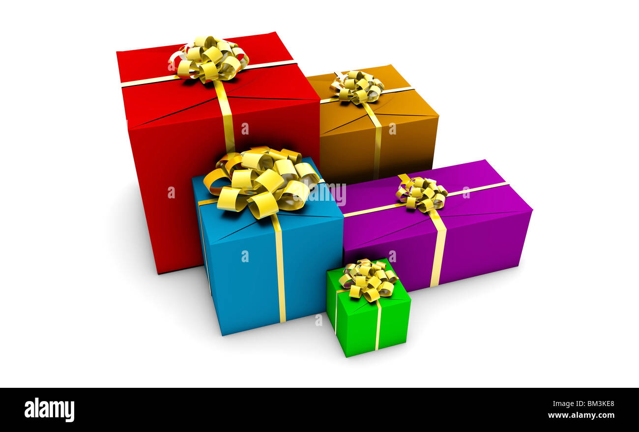 Group of Presents in Colorful Wrapping Gift Boxes Stock Photo - Alamy