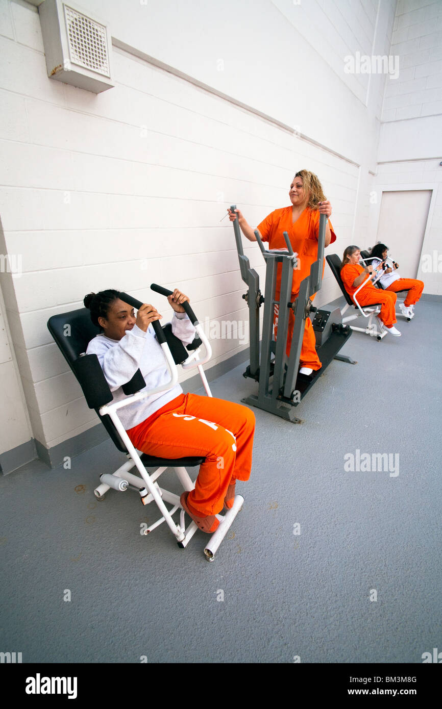 Multi-ethnic City Jail Womens Unit inmates use exercise yard equipment ...
