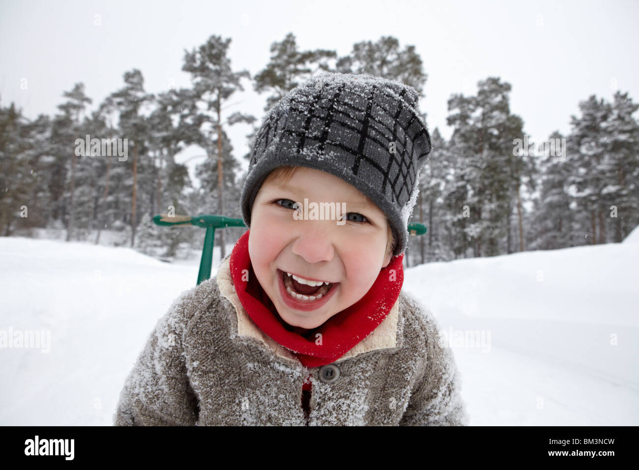 Happy young boy in snow landscape Stock Photo - Alamy