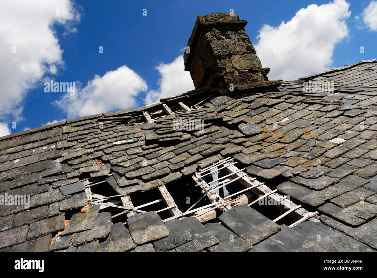 Traditional slate roof on an isolated upland Welsh cottage suffering ...