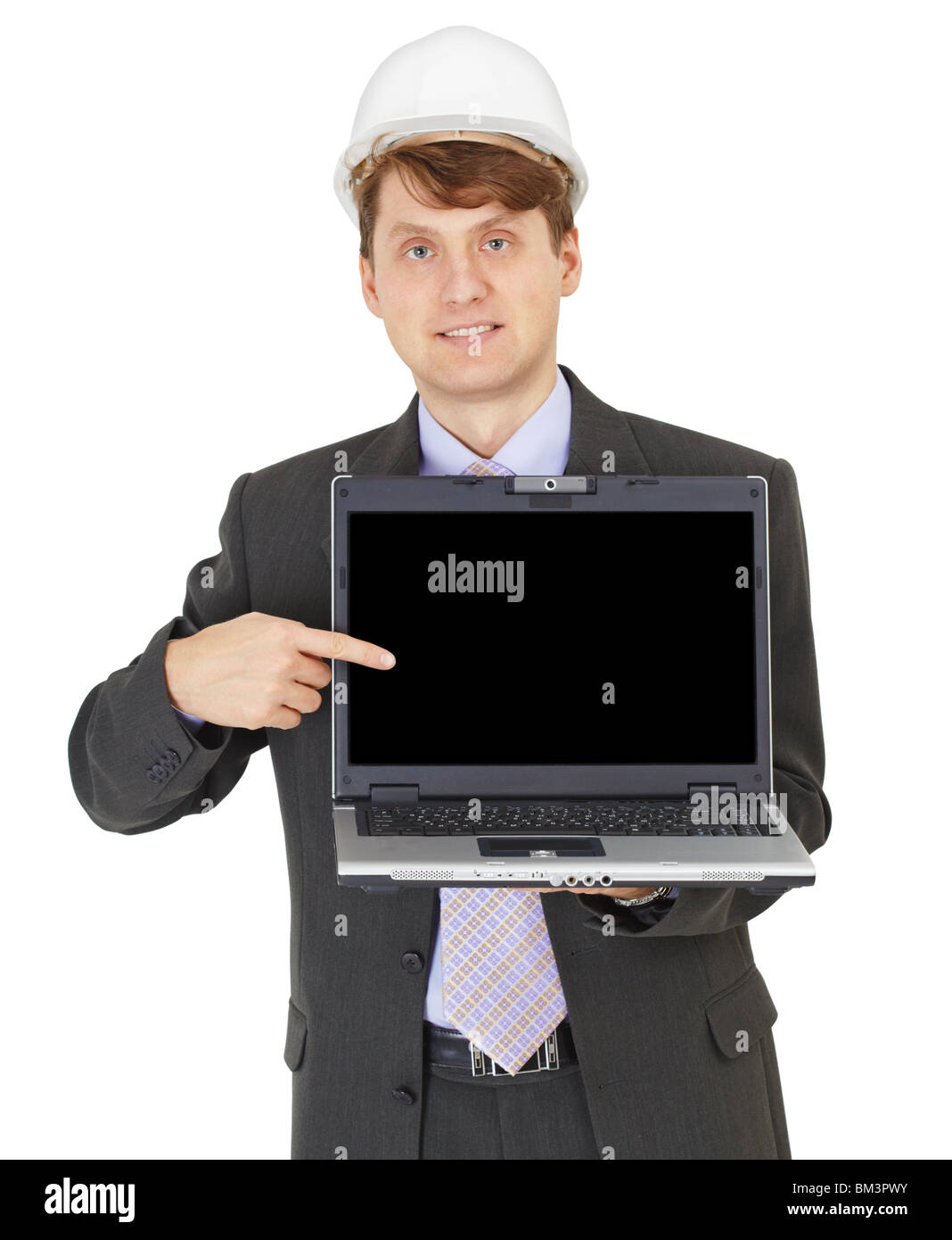 The construction superintendent shows the project on the computer ...