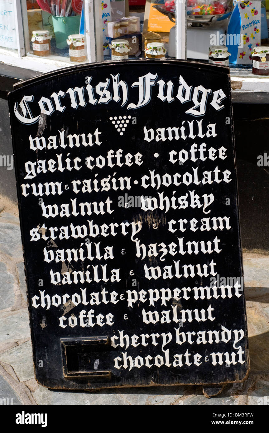 A sign displaying the fudge flavours on sale at a shop in Port Isaac ...