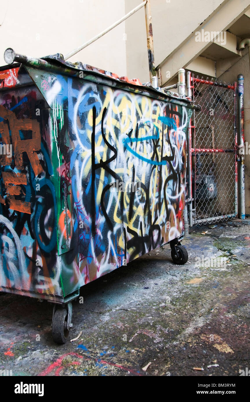 Graffiti on dumpster in back alley in downtown Olympia, Washington ...