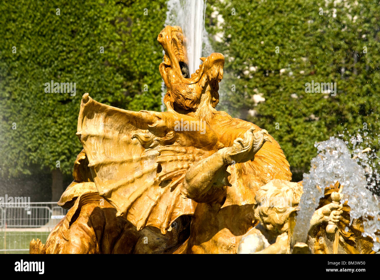 Mythical dragon fountain working, close-up on the dragon, Grandes eaux ...
