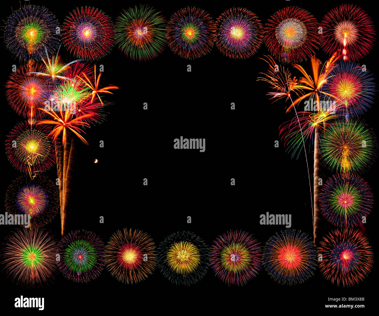 Frame of exploding fireworks, computer graphic, black background, long ...