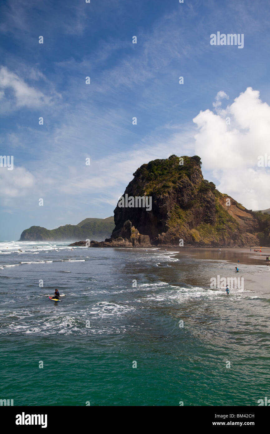 View along the beach to Lion Rock. Piha, Waitakere Ranges Regional Park ...
