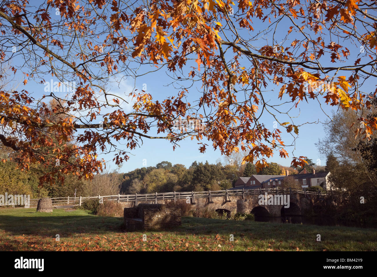 Tilford Surrey England UK. River Wey and medieval old east bridge in ...