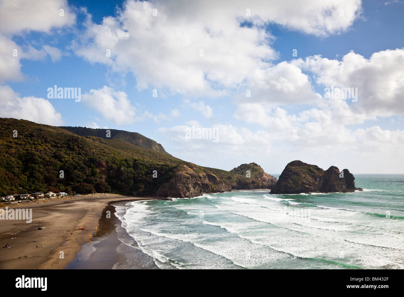 View of Piha beach from Lion Rock. Piha, Waitakere Ranges Regional Park ...