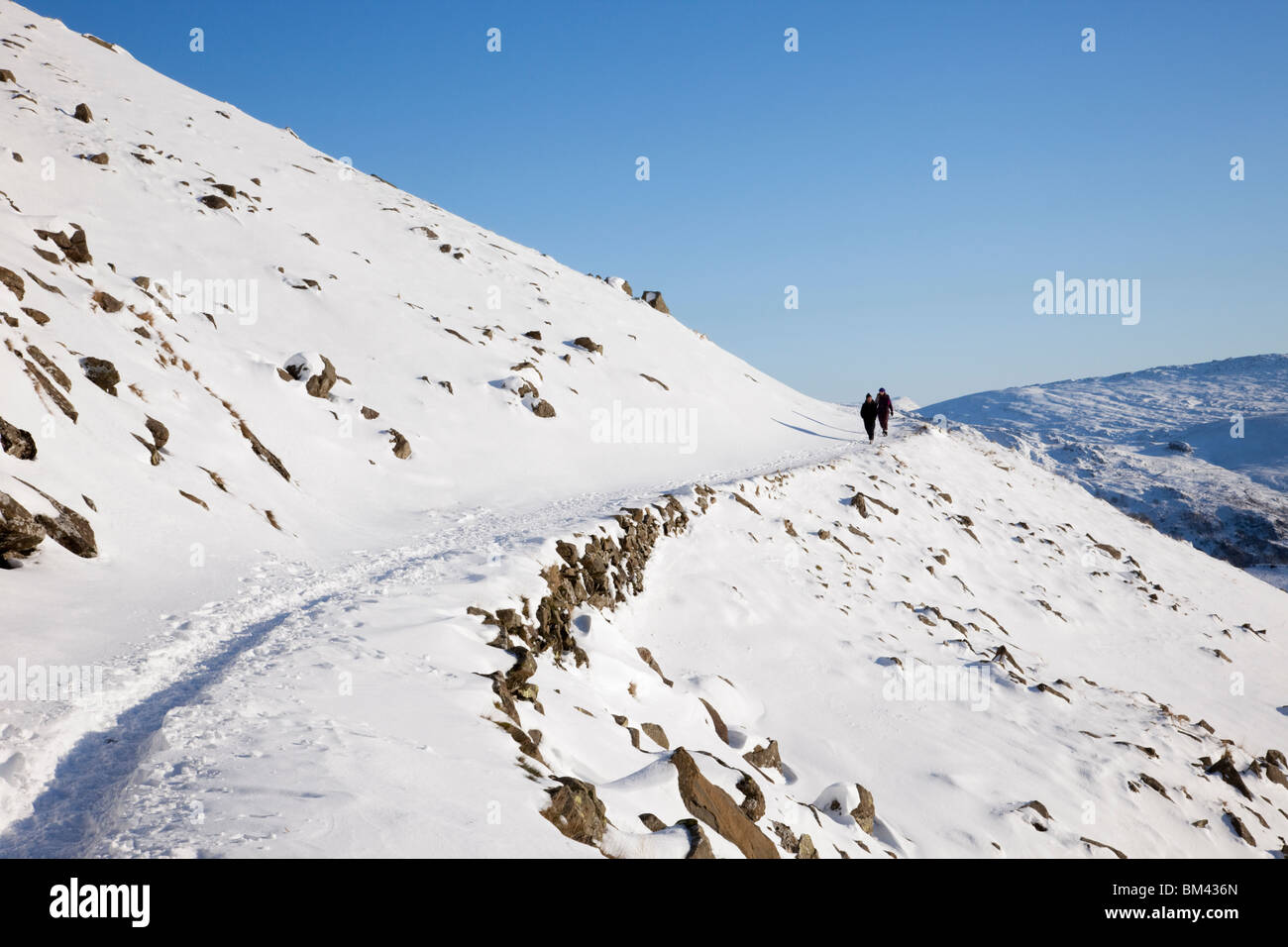 Walkers in snow on Miners Track from Pen y Pass after snowfall in ...