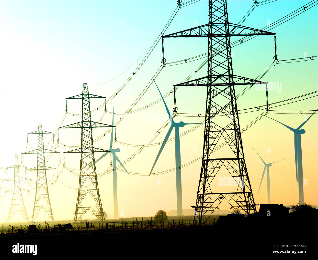 Electricity Pylons & Wind Farm Stock Photo - Alamy