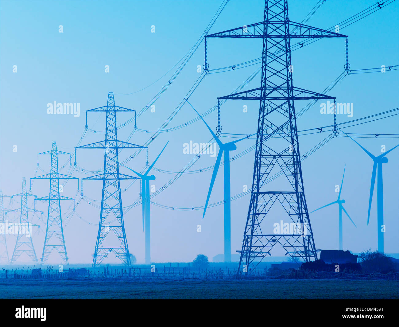 Electricity Pylons & Wind Farm Stock Photo - Alamy