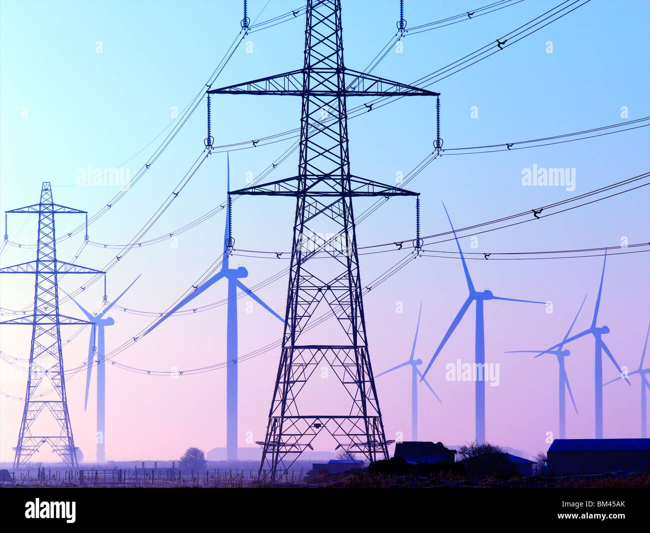 Electricity Pylons & Wind Farm Stock Photo - Alamy