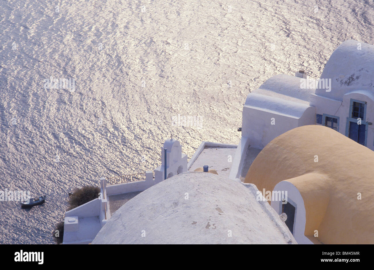 HOUSES, ROOFS, SEA, OIA, SANTORINI ISLAND, CYCLADES, GREECE Stock Photo ...