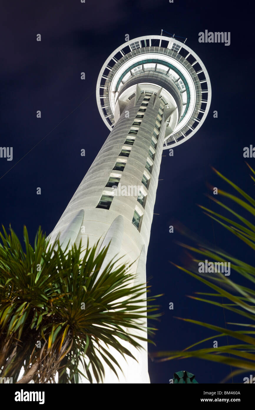The Sky Tower illuminated at night. Auckland, North Island, New Zealand ...