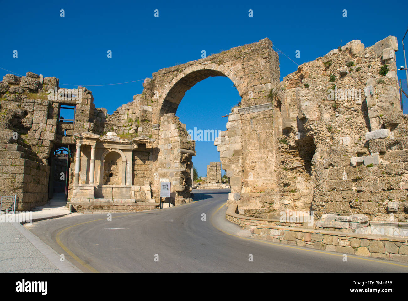 Ancient gate and other Byzantine ruins Side Mediterranian coast ...