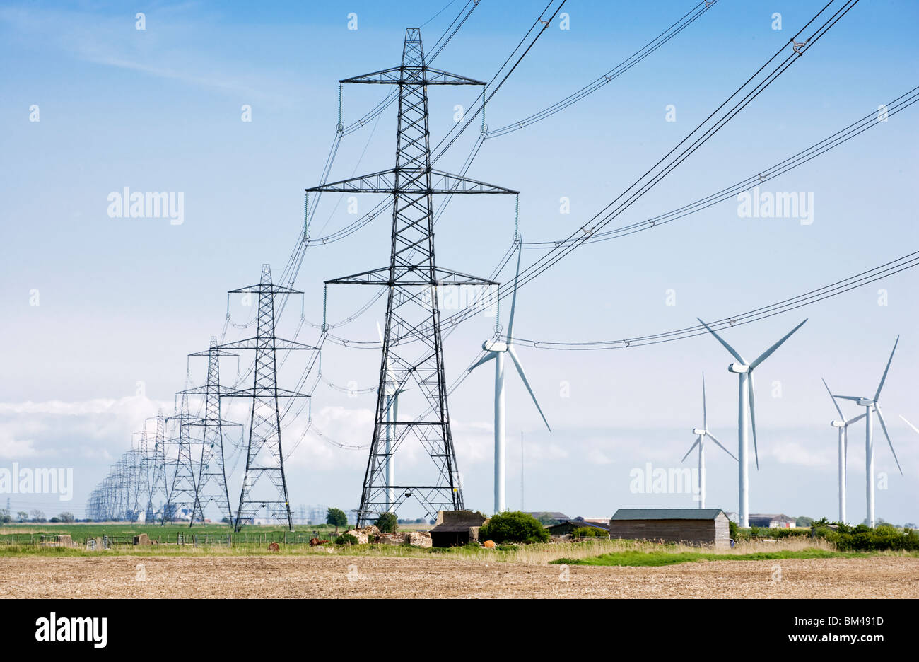 Wind farm and electricity pylons, Walland Marsh, Kent, England Stock ...