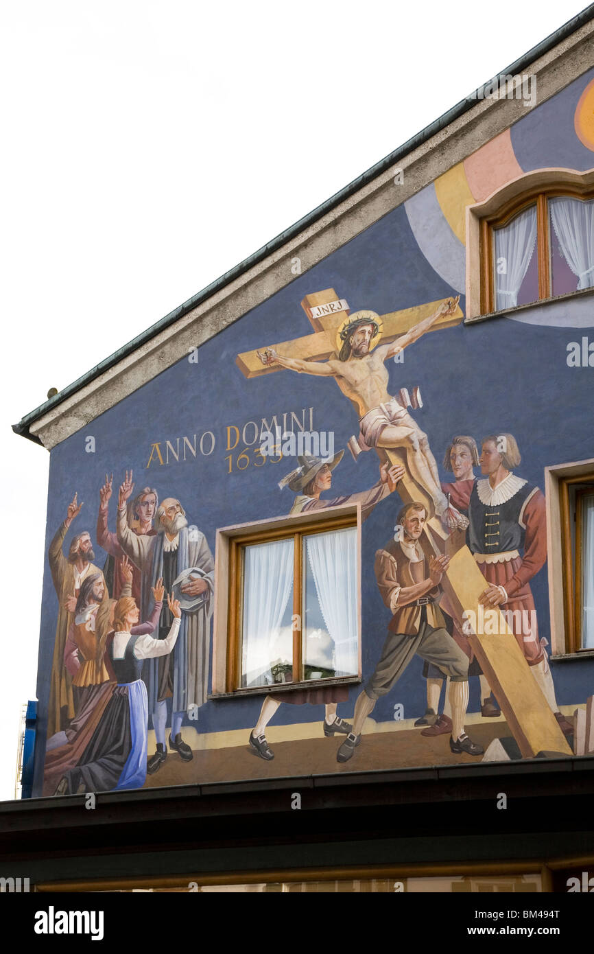A building shows a depiction of Jesus Christ on the cross in ...