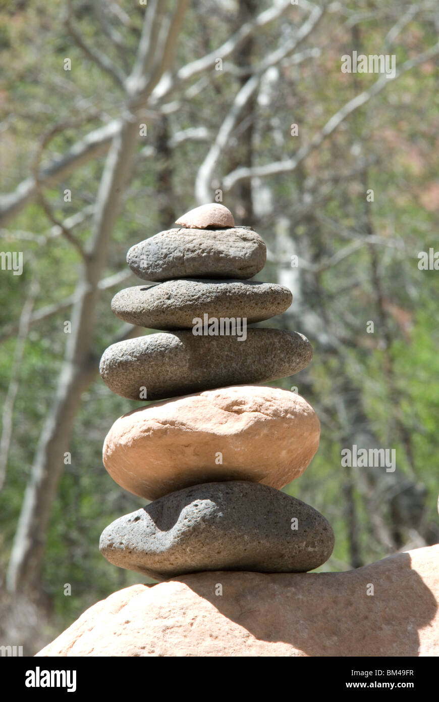 Pebbles arranged as standing stone sculptures at Oak Creek River in Red ...