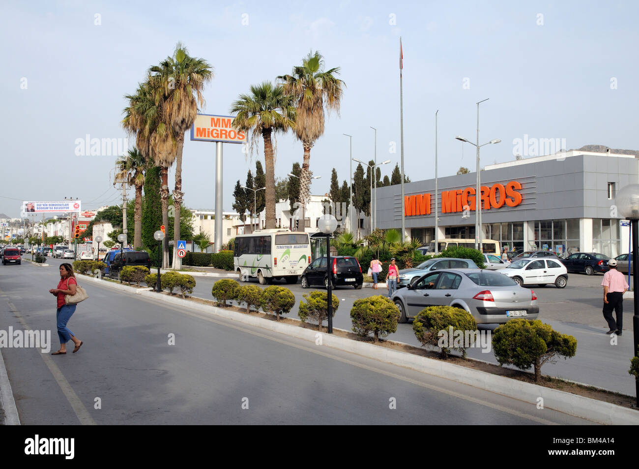 Turkish supermarket store MM MiGROS in the main street in Turgutreis ...