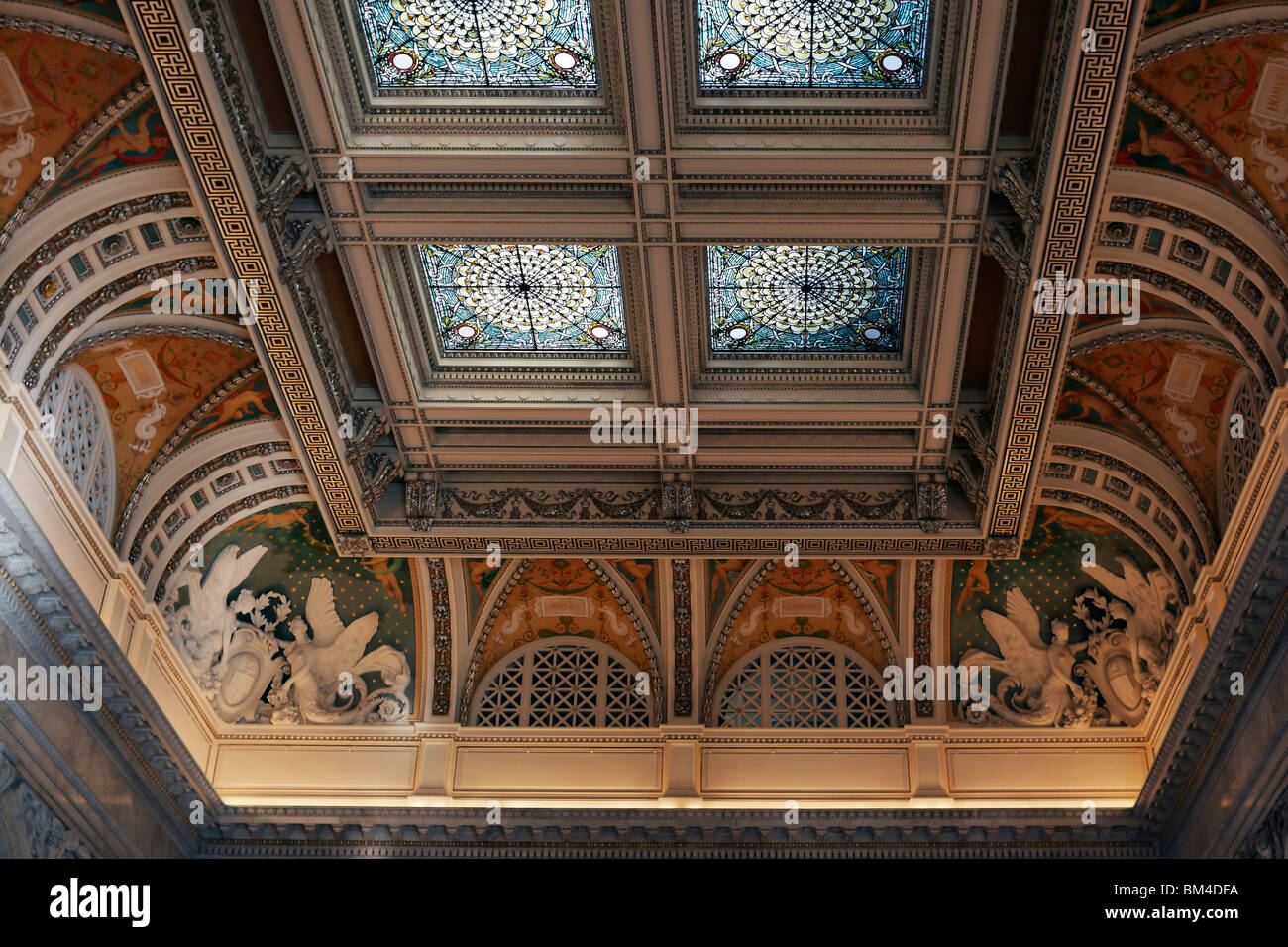 A detail view of the vaulted ceiling of the Library of Congress Great ...