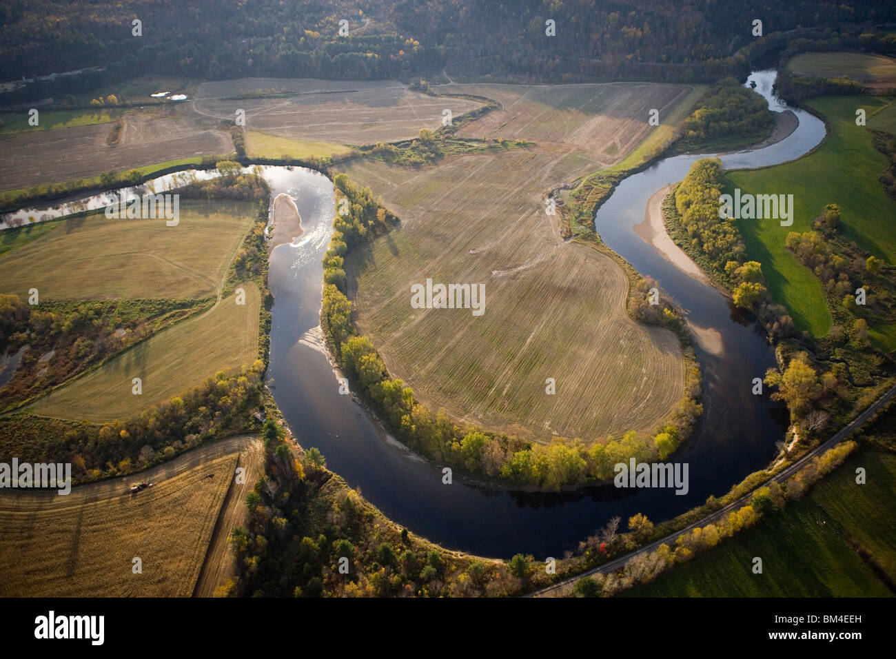 An aerial view of farms and the Connecticut River in Maidstone, Vermont ...