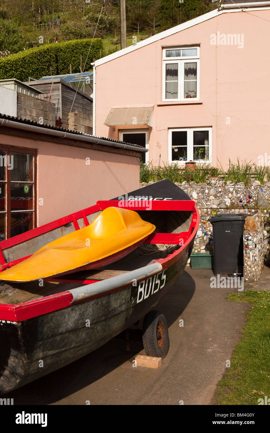 UK, England, Devon, Ilfracombe, Hele fishing boat in house garden ...