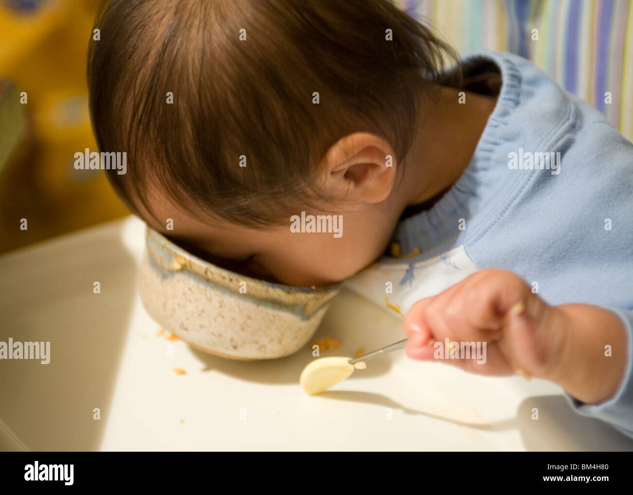 Asian baby boy putting face in bowl Stock Photo - Alamy