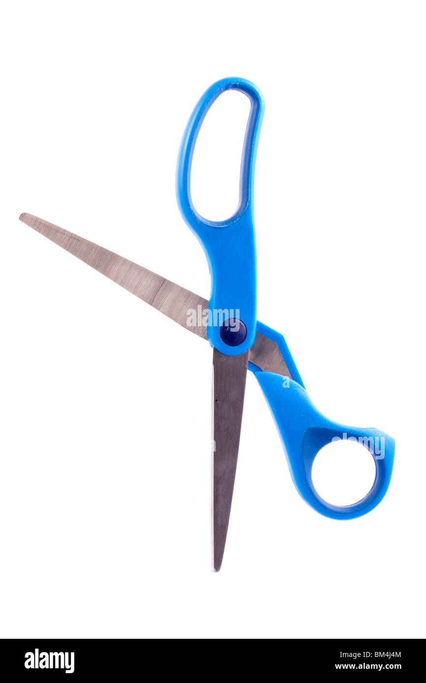 Open Scissors With Blue Handle On White Background Stock Photo - Alamy
