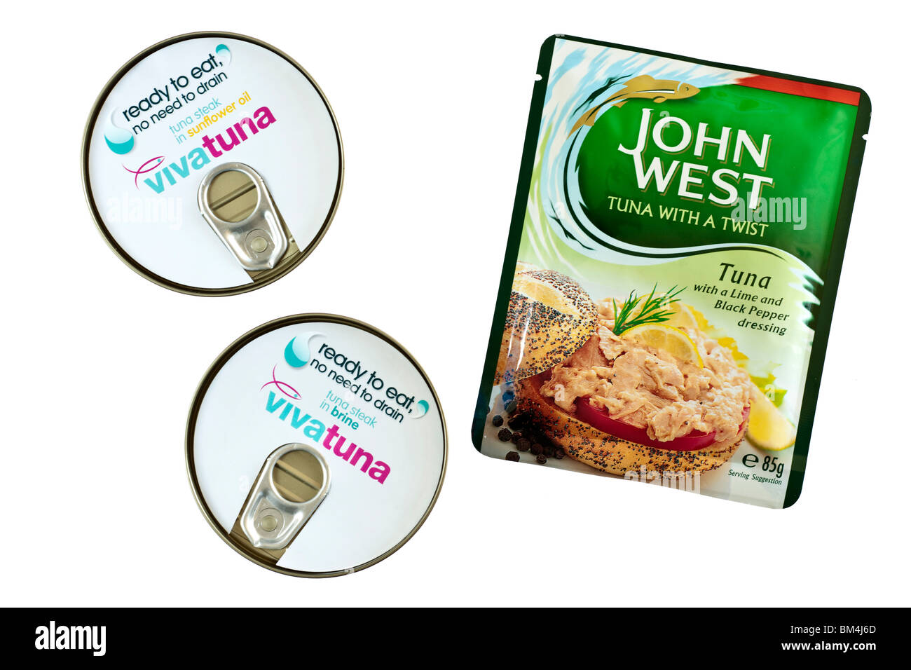 Two tins of Vivatuna and a packet of John West tuna with a twist Stock ...