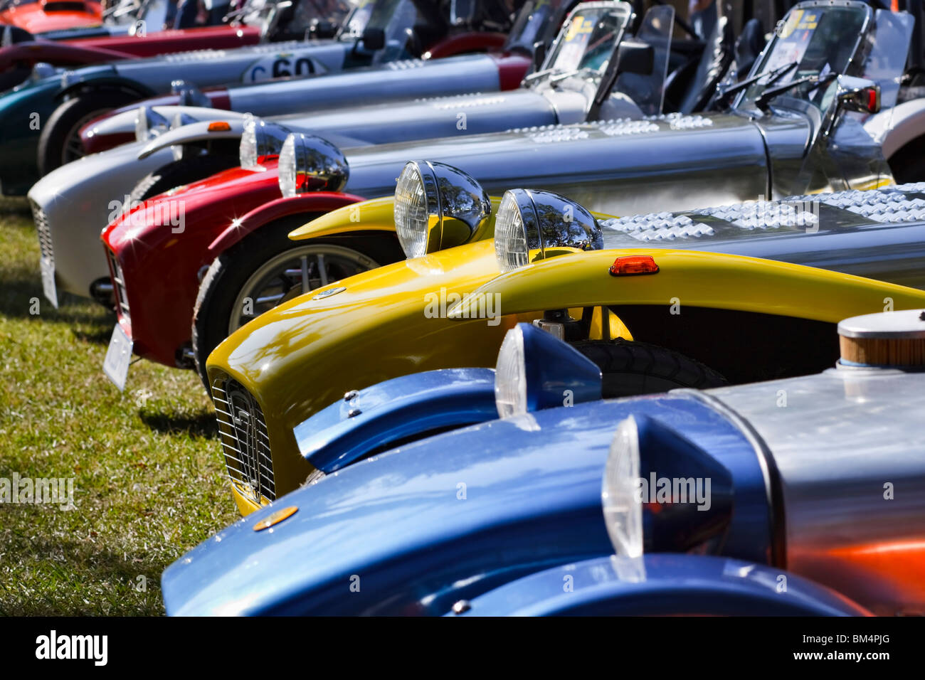 A line up of Lotus Sevens on display at the annual Cars in the Park ...
