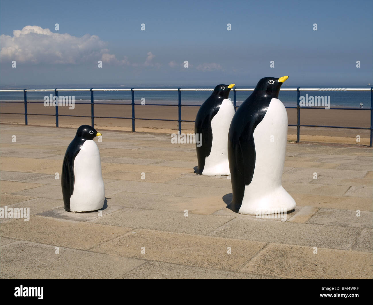 Ornamental statues of penguins on seaside promenade at Redcar Cleveland ...