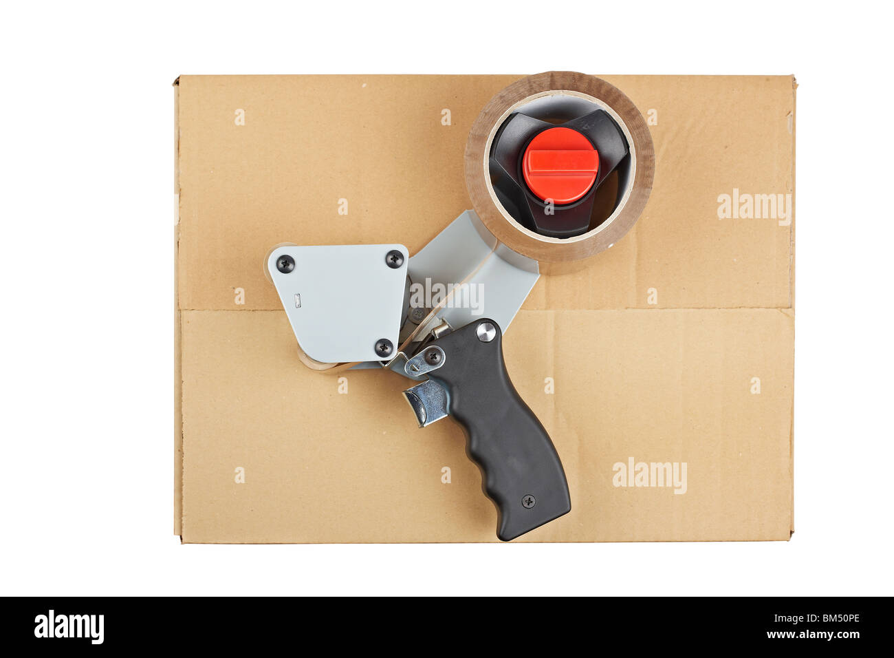 Packaging tape dispenser and shipping box isolated on white background ...