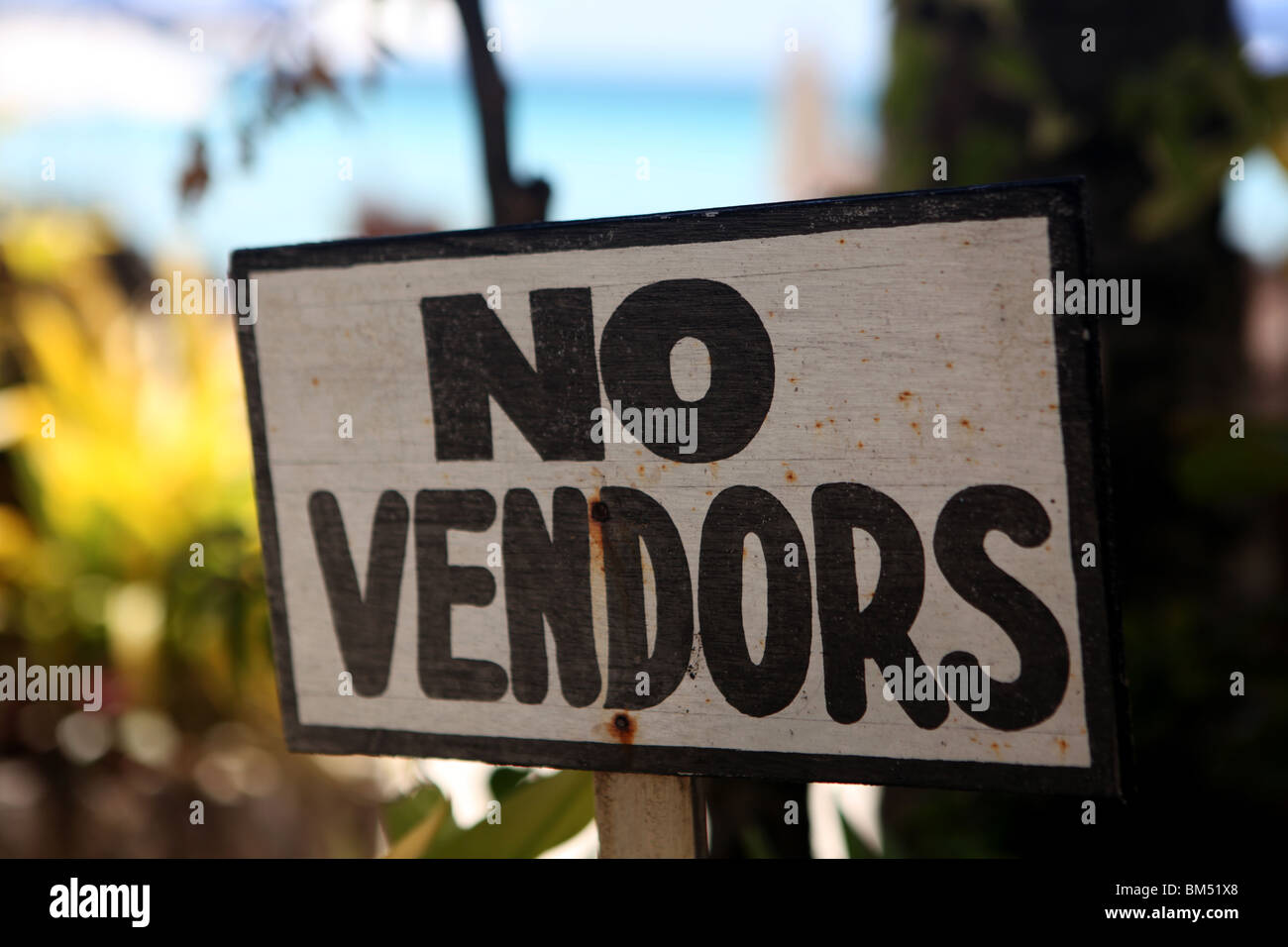 A 'No Vendors' sign by a restaurant on White Beach, Boracay, the most ...