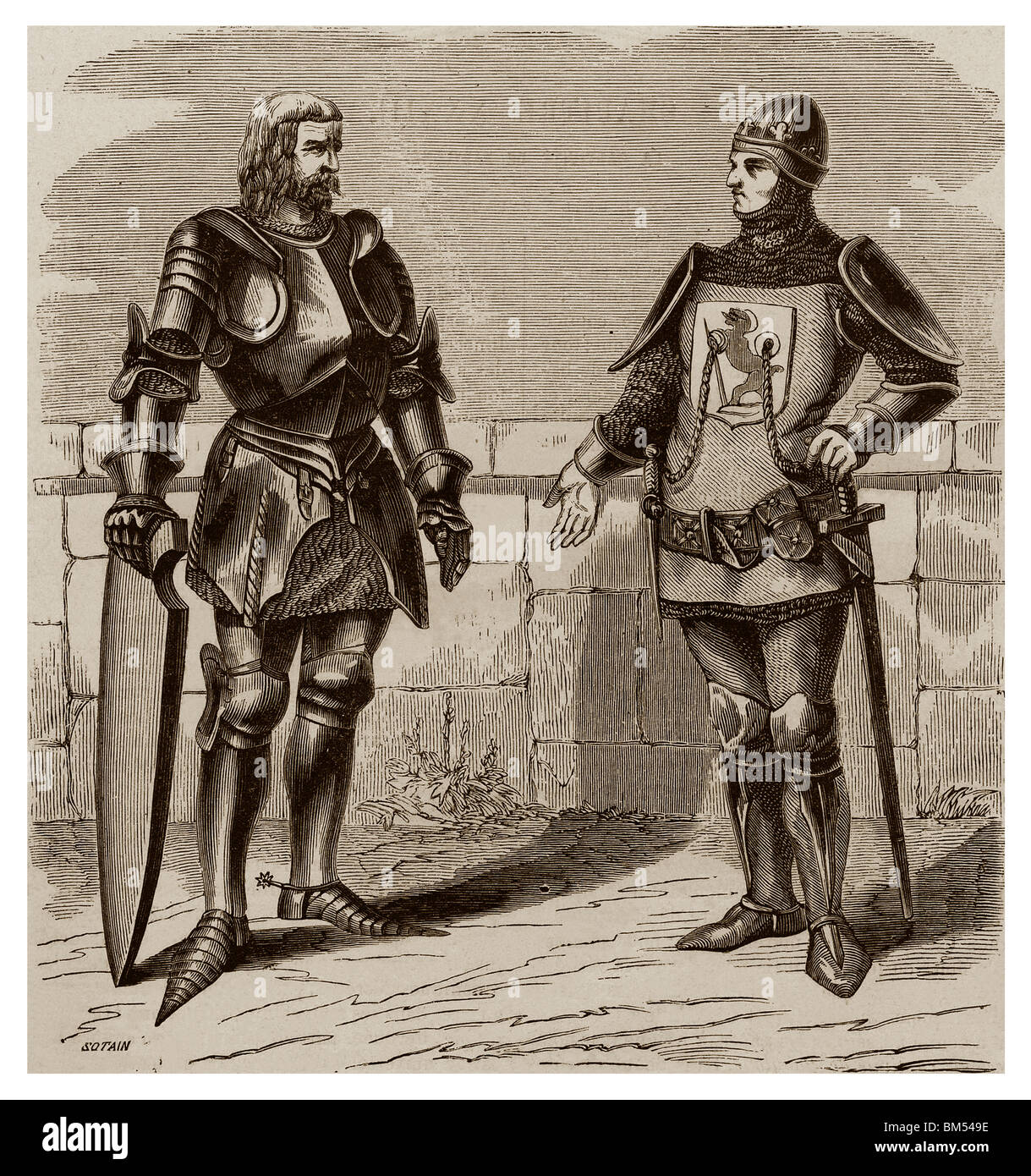 Knights covered with iron armours in the 14th century in France Stock ...