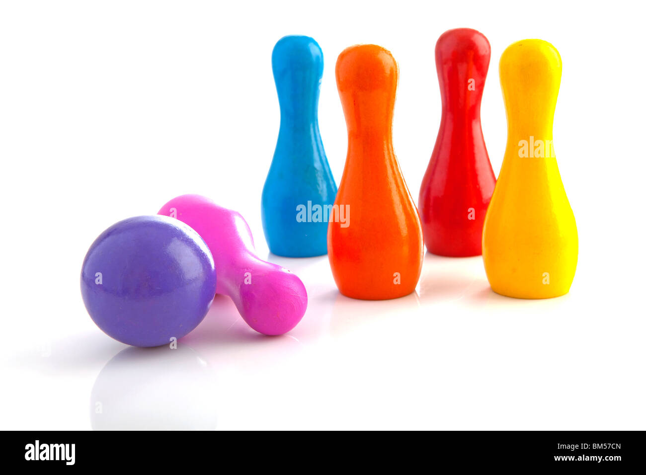 colorful bowling pins and ball isolated on white background Stock Photo ...