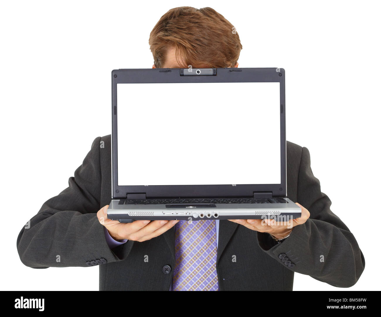 Office worker shows a computer screen, isolated on a white background ...