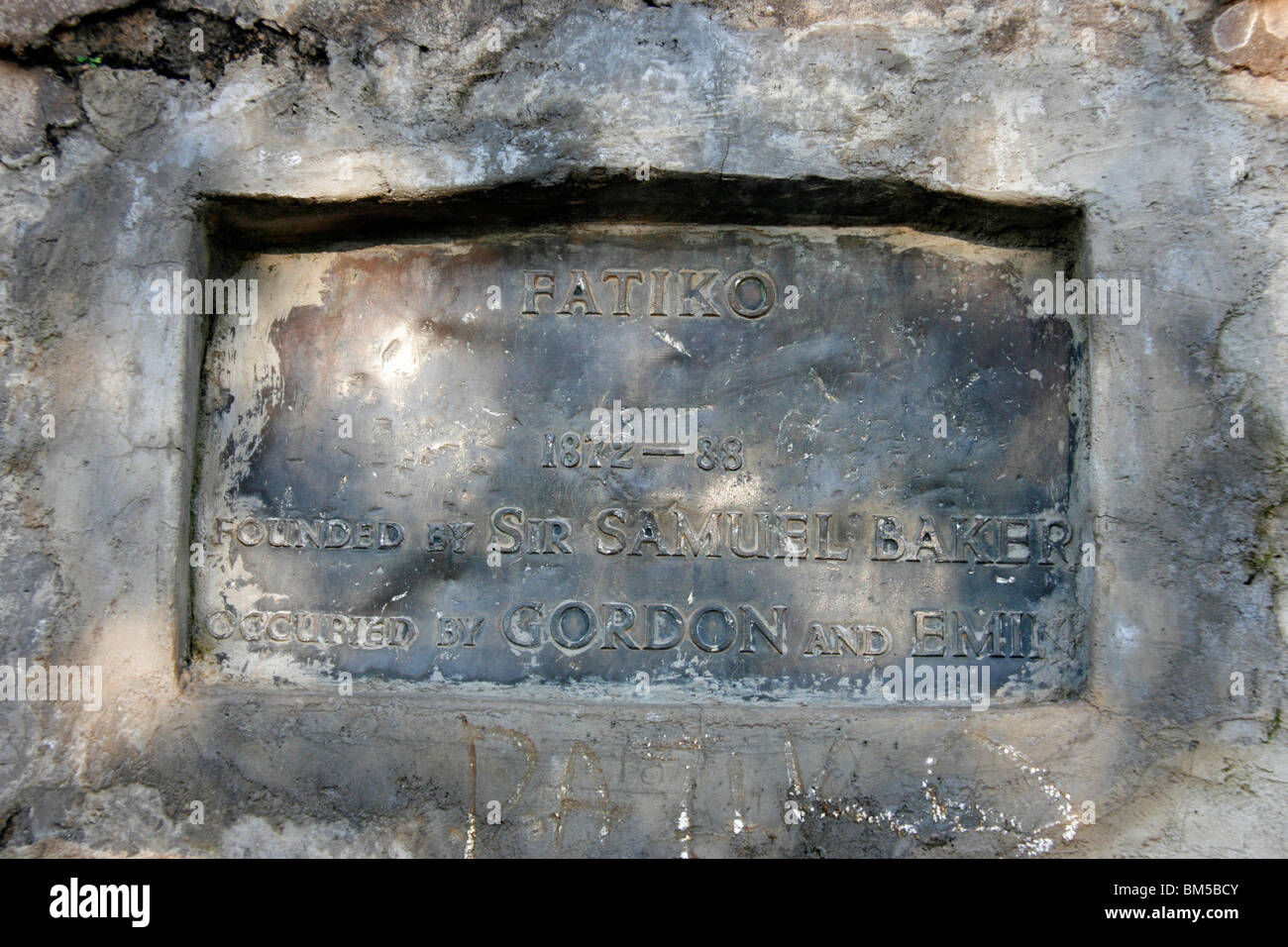 Plaque at the site of Sir Samuel Baker's Fort (Fort Patiko) near Gulu ...