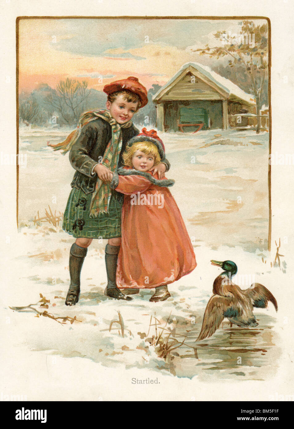 Startled. Little Girl Frightened by a Duck Stock Photo - Alamy