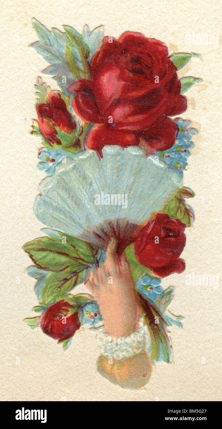 Womans Hand, Fan and Crimson Roses Stock Photo - Alamy