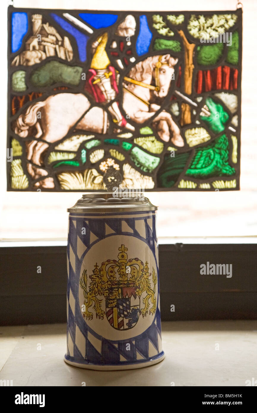 A beer stein showing Bavarian blue and white diamonds stands in Schloss ...