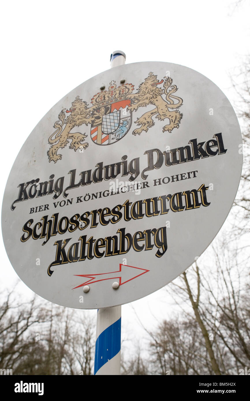 A sign points the way to the restaurant at Schloss Kaltenberg in ...