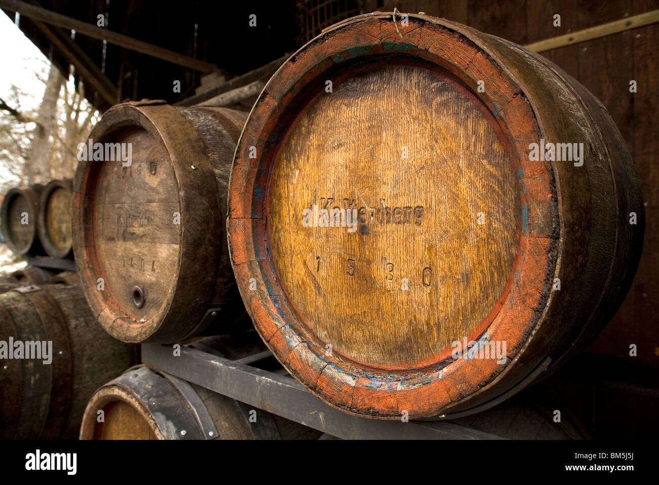 Wooden beer barrels outside of the Schloss Kaltenberg Brewery in ...